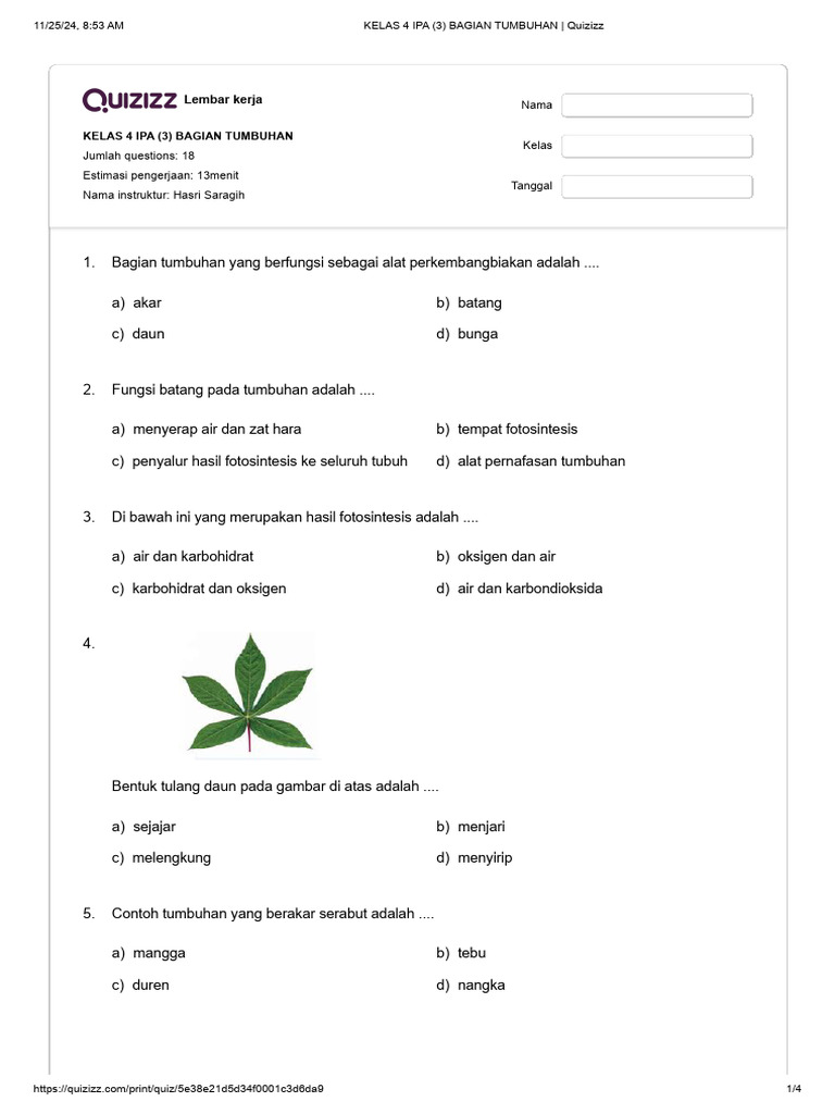 KELAS 4 IPA (3) BAGIAN TUMBUHAN - Quizizz | PDF