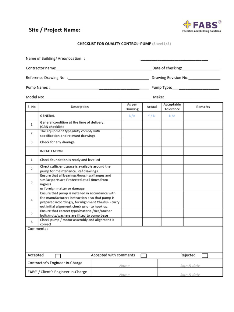 22.03 - Checklist - Pump Installation | PDF | Pump | Belt (Mechanical)
