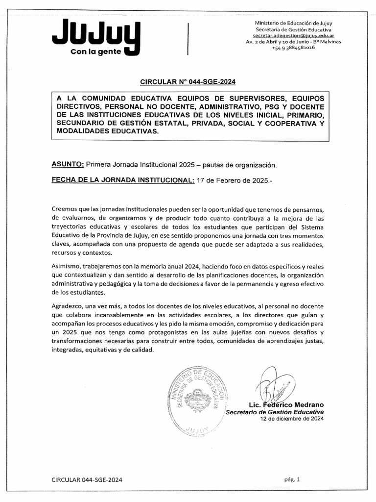 CIRCULAR Nº 044 JORNADA INSTITUCIONAL 2025 (1) | PDF