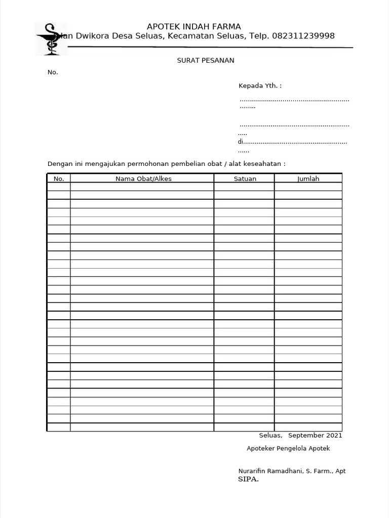 Surat Pesanan Obat Apotek Indah Farma | PDF