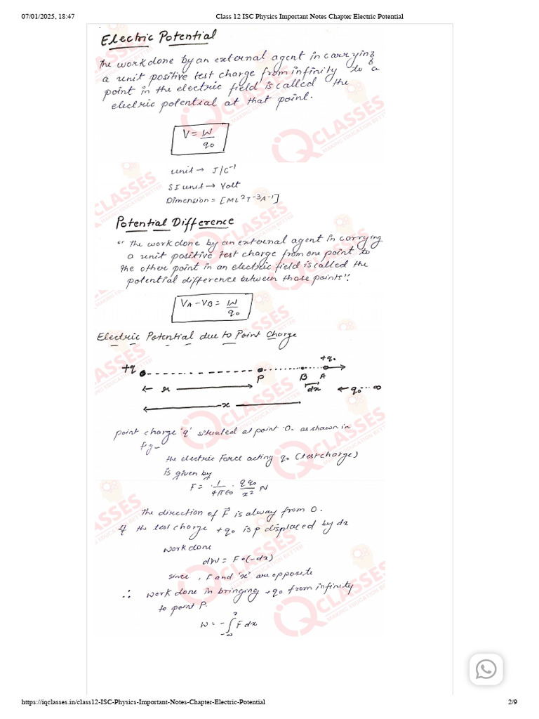 ISC Class 12 Electric Potential Notes | PDF