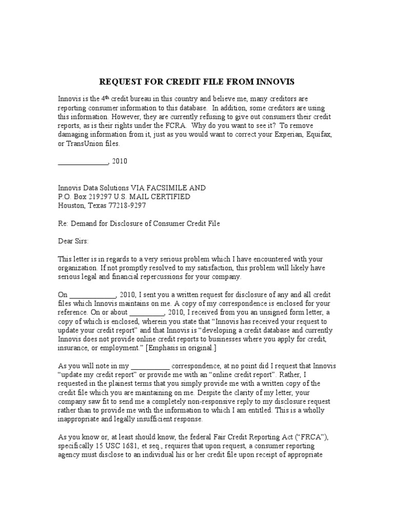 Request For Credit File From Innovis | PDF | Credit History | Law Of ...