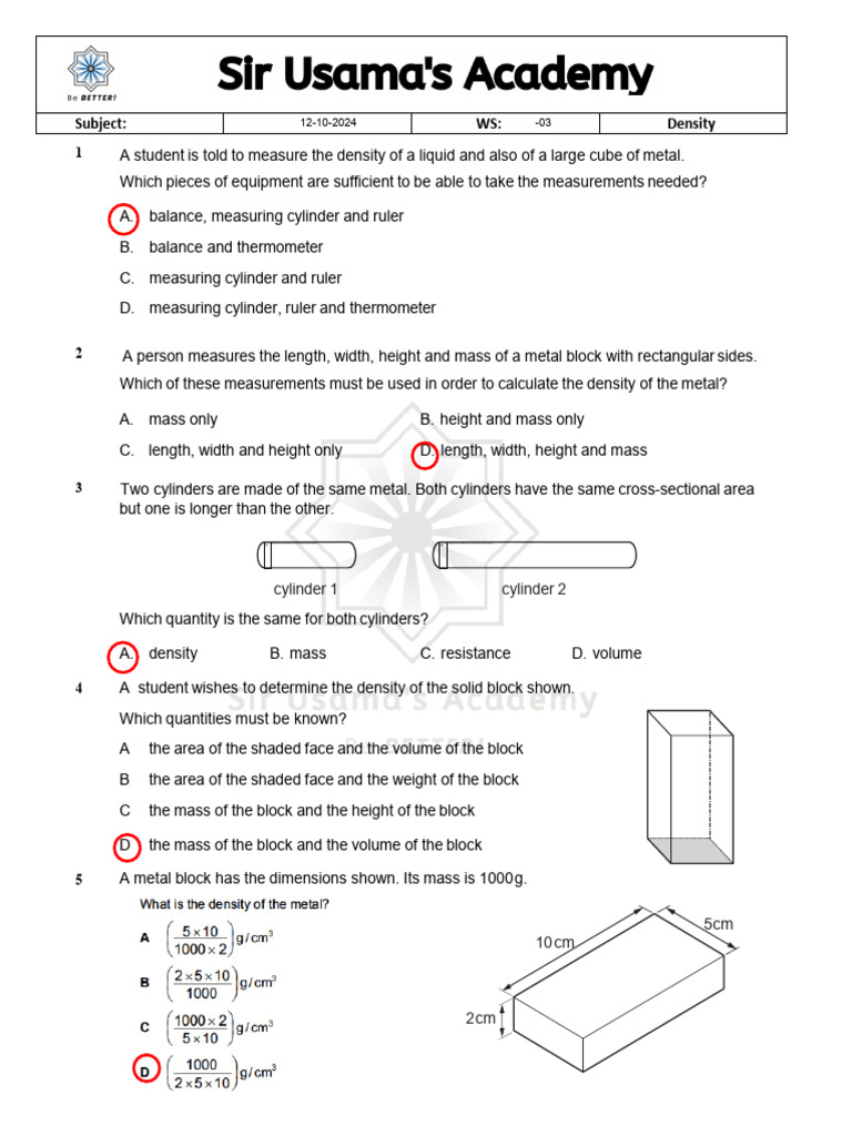 MS Phy-03 (Density) | PDF | Density | Volume