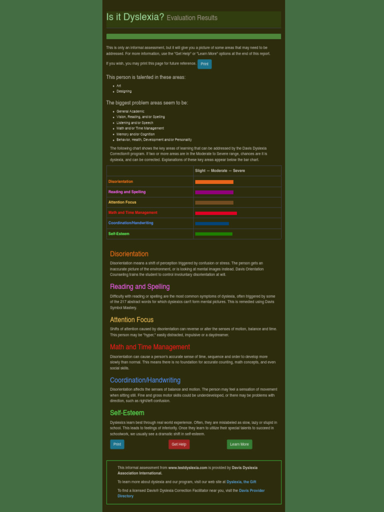 Dyslexia Assessment (From Davis Dyslexia Association International) | PDF | Dyslexia | Attention