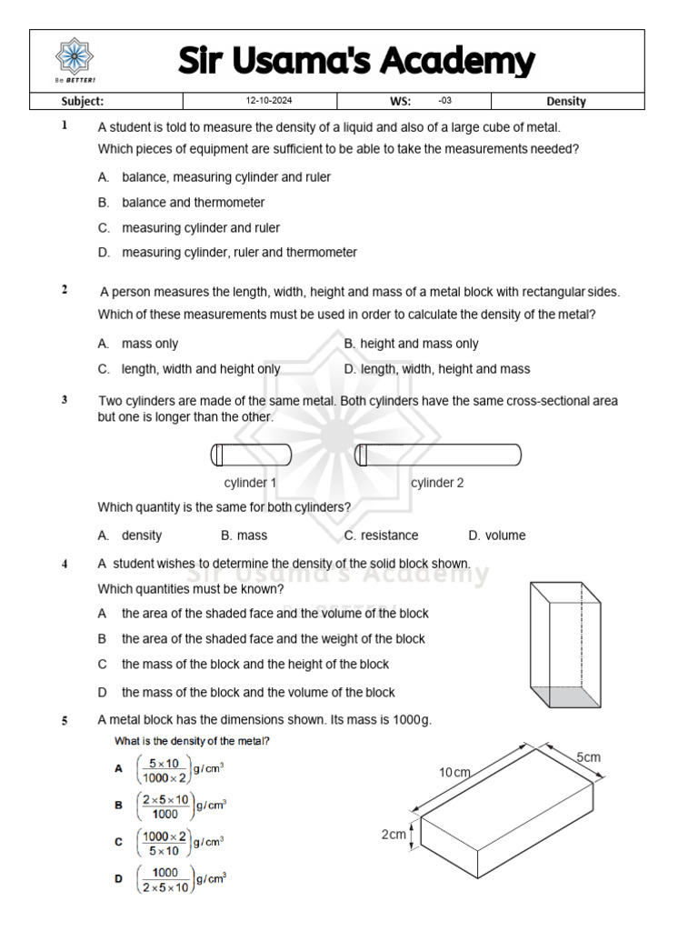 WS Phy-03 (Density) | PDF | Density | Volume
