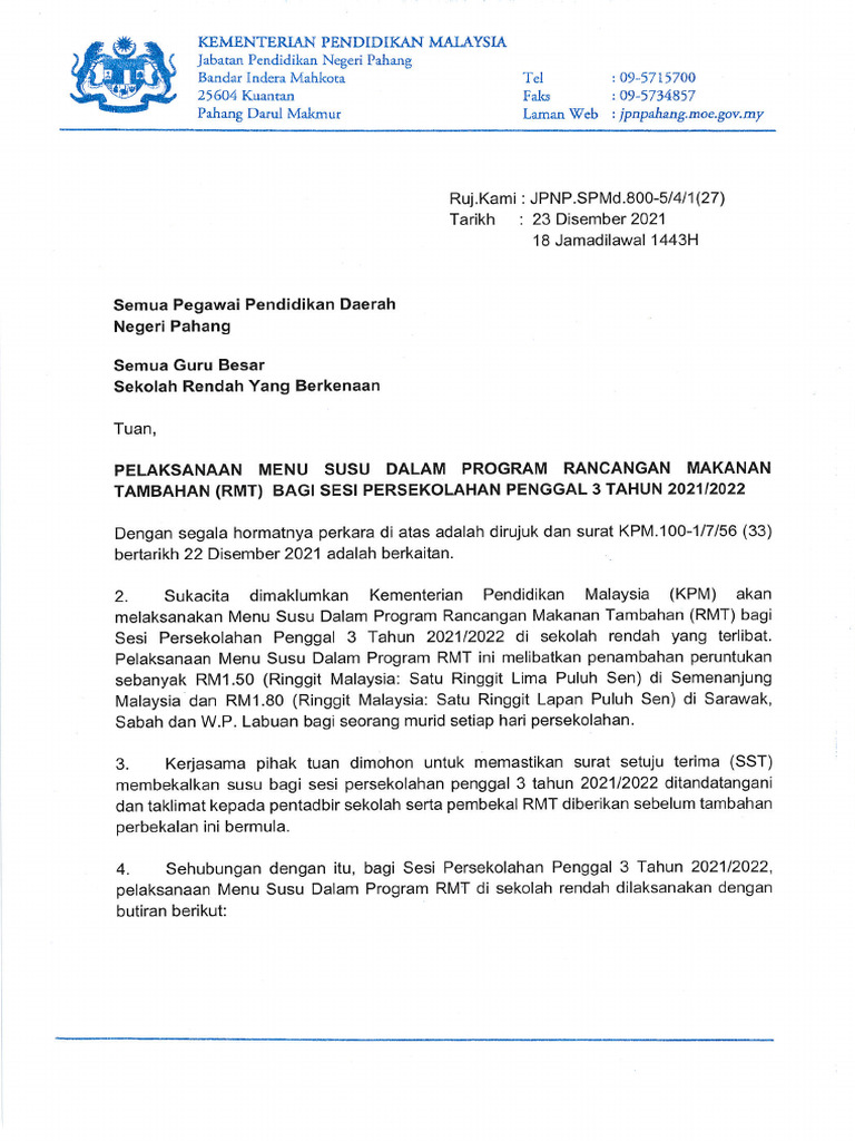 Pelaksanaan Menu Susu Dalam Program Rancangan Makanan Tambahan Bagi ...