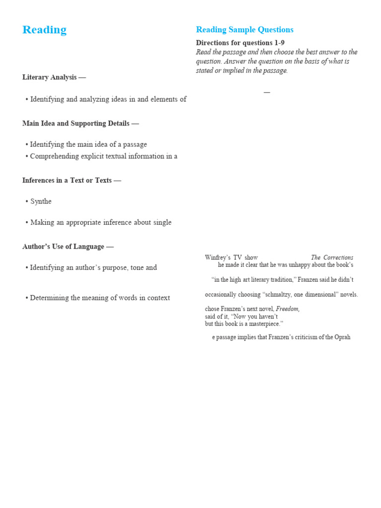 TSI Reading Sample Test Questions | PDF