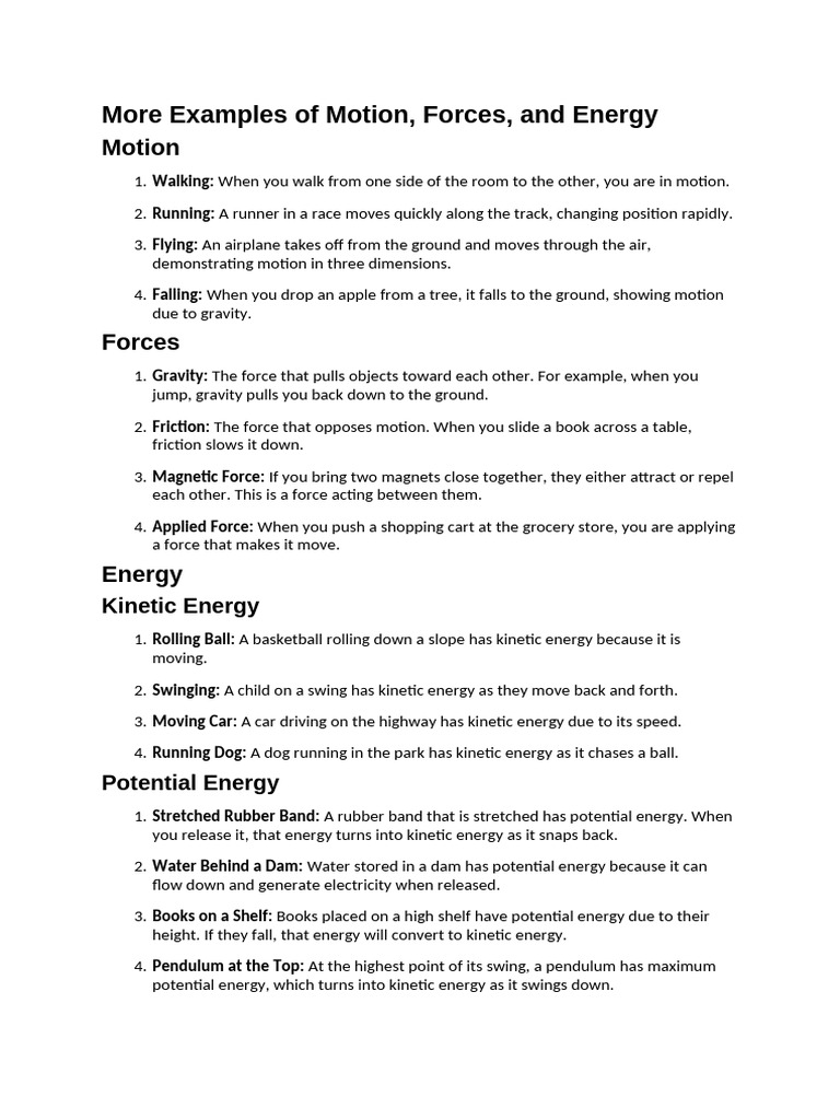 Motion, Forces, and Energy Examples | PDF