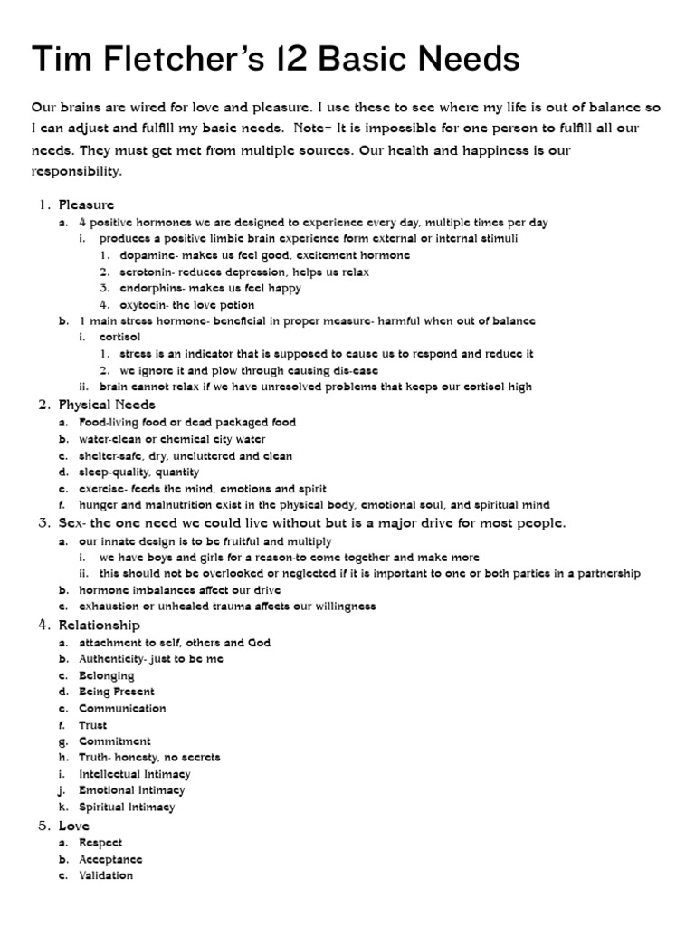 Tim Fletcher S 12 Basic Needs | PDF | Emotions | Stress (Biology)