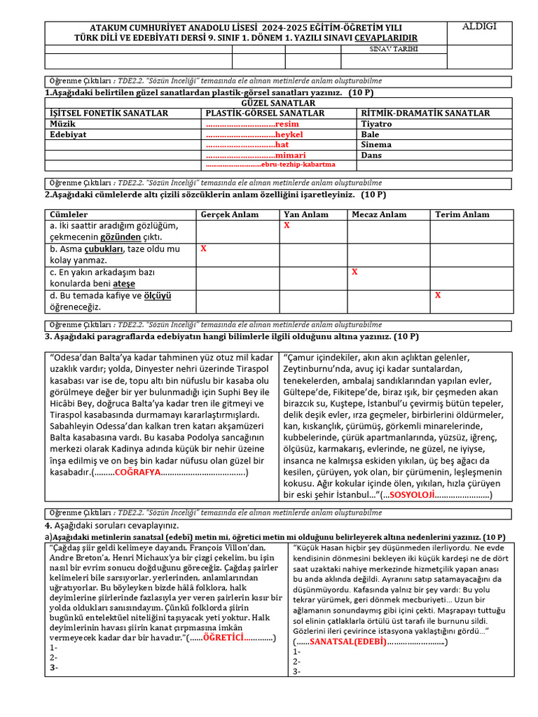 9_SINIF_2024_2025_TDE_1_YAZILI_CEVAPLARI_HAYATİ_İPTAŞ_ | PDF