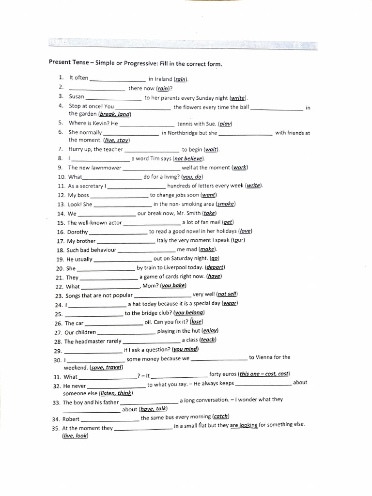 Present Tense Exercises: Simple vs. Progressive | PDF