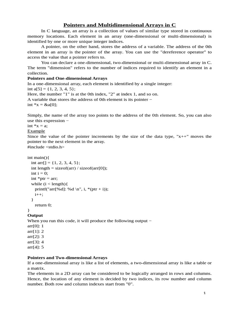 Pointers And Multidimensional Arrays In C Pdf Pointer Computer 