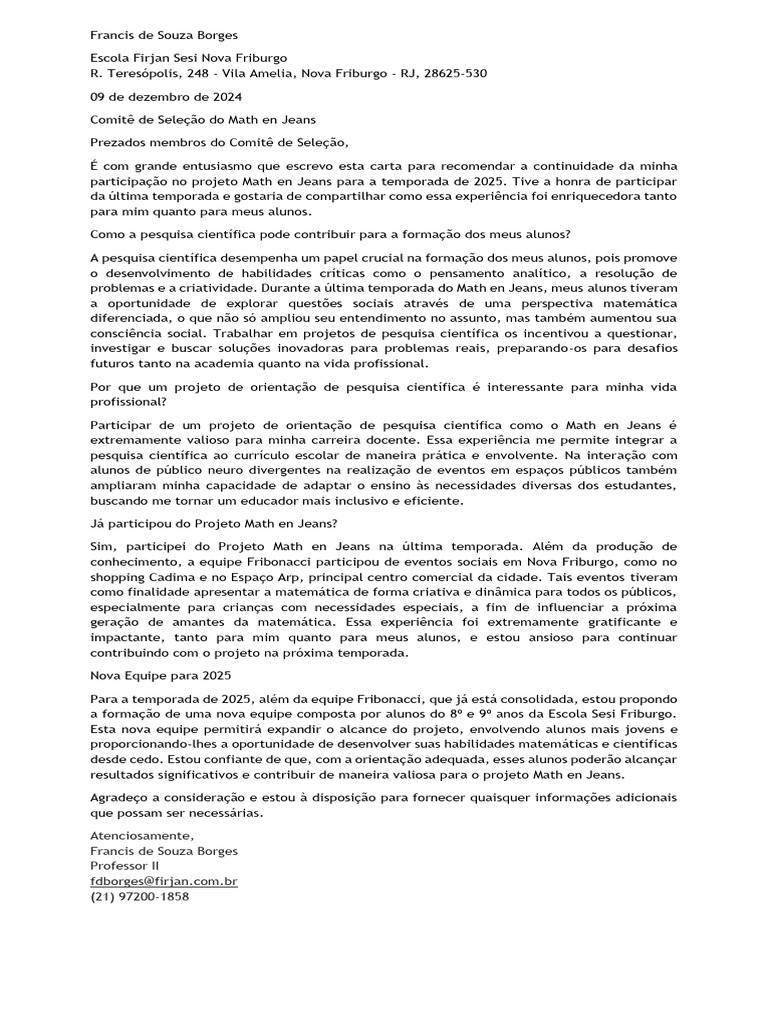 Francis Borges - Carta de Intenção Para MeJ | PDF | Método científico ...