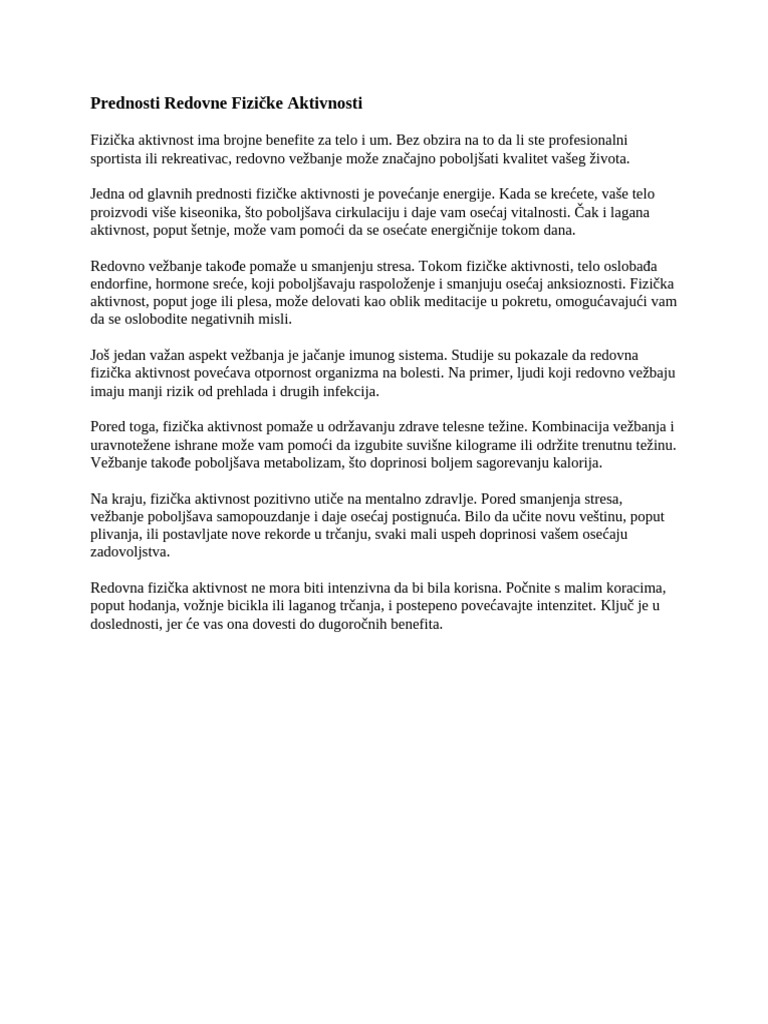 Prednosti Redovne Fizičke Aktivnosti | PDF