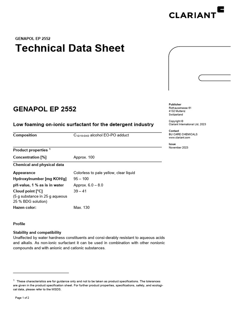 Tds Genapol Ep 2552 Phc 112023 | PDF | Surfactant | Chemical Substances