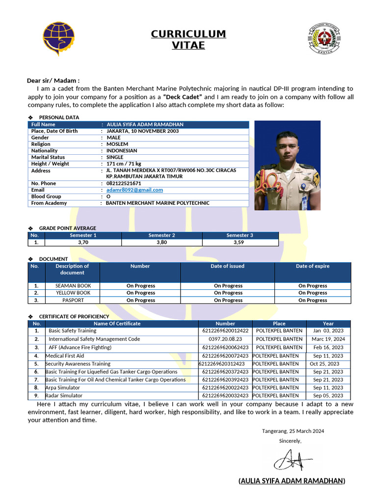 CV - Deck Cadet - Aulia Syifa Adam R | PDF | Shipping | Merchant Navy