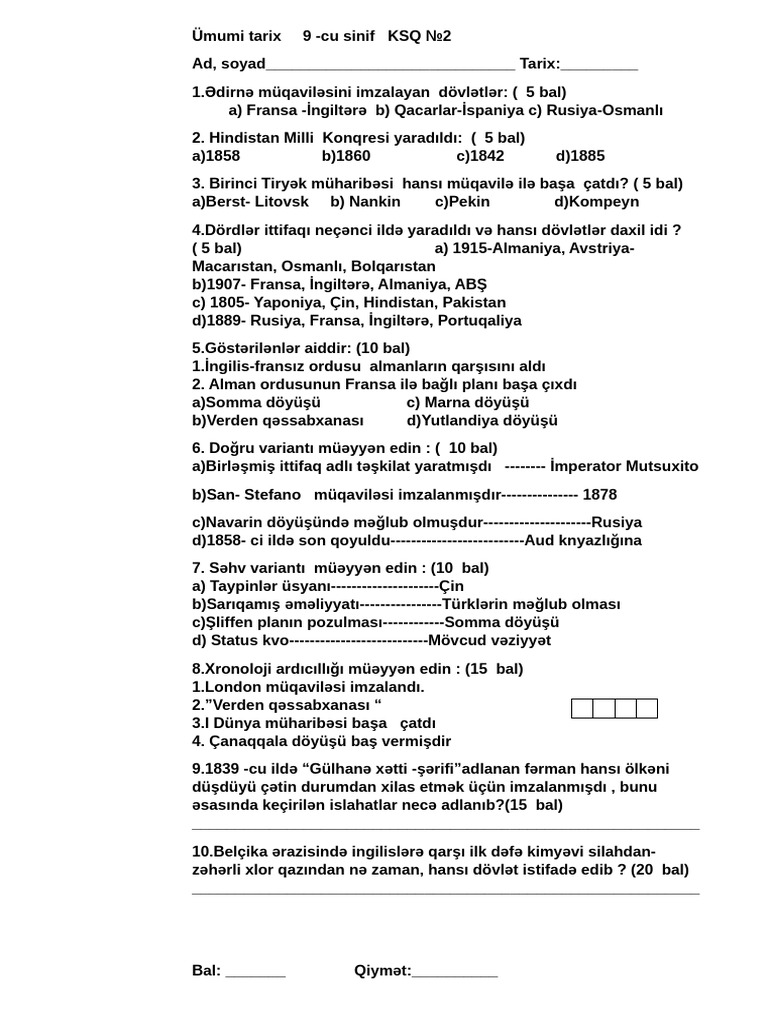 X Sinif Wmumi Tarix KSQ 2 | PDF