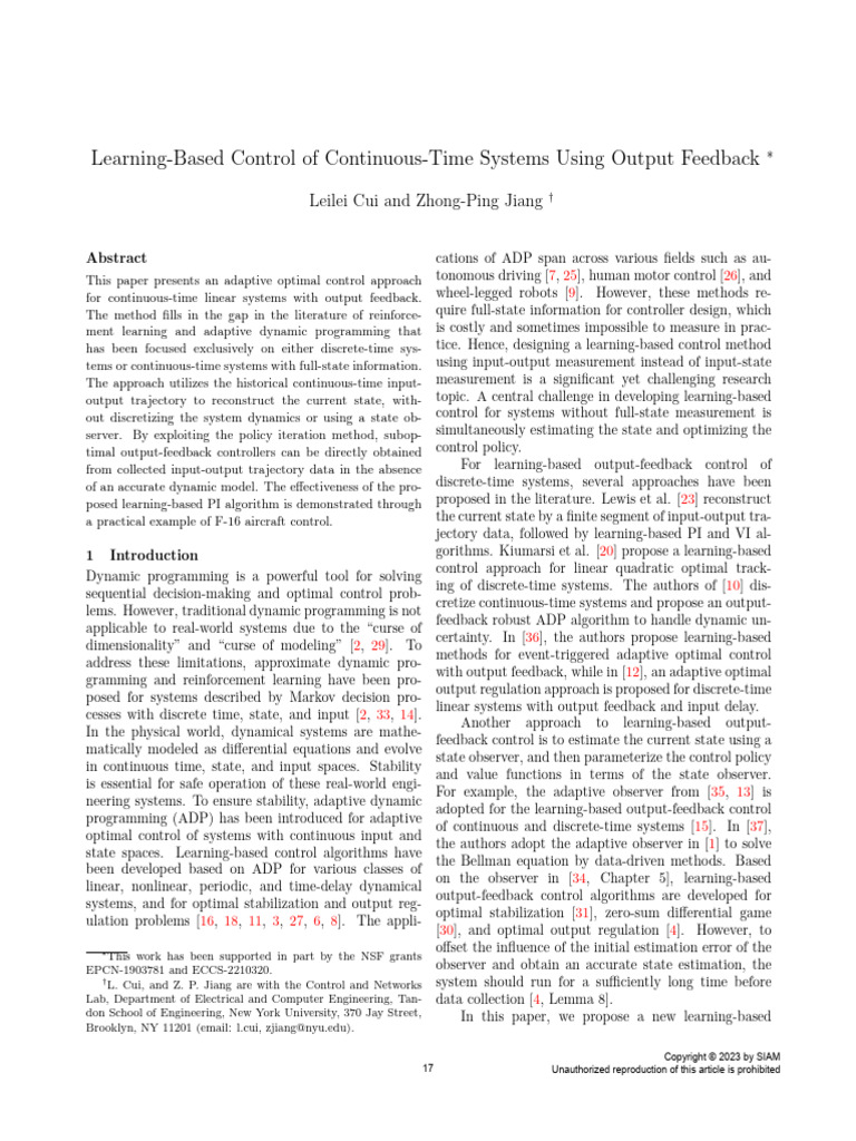 [18]Learning-Based Control of Continuous-Time Systems Using Output Feedback | PDF | Optimal ...