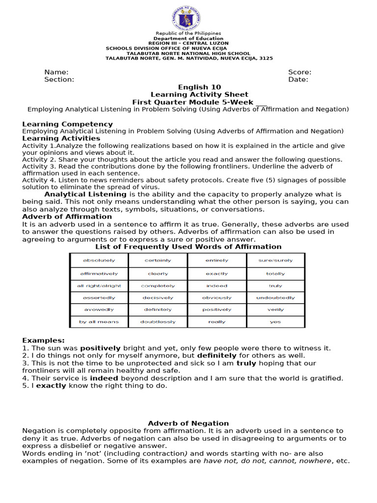 ENG 10 Q1 MOD 5 Lec. Formative | PDF | English Language