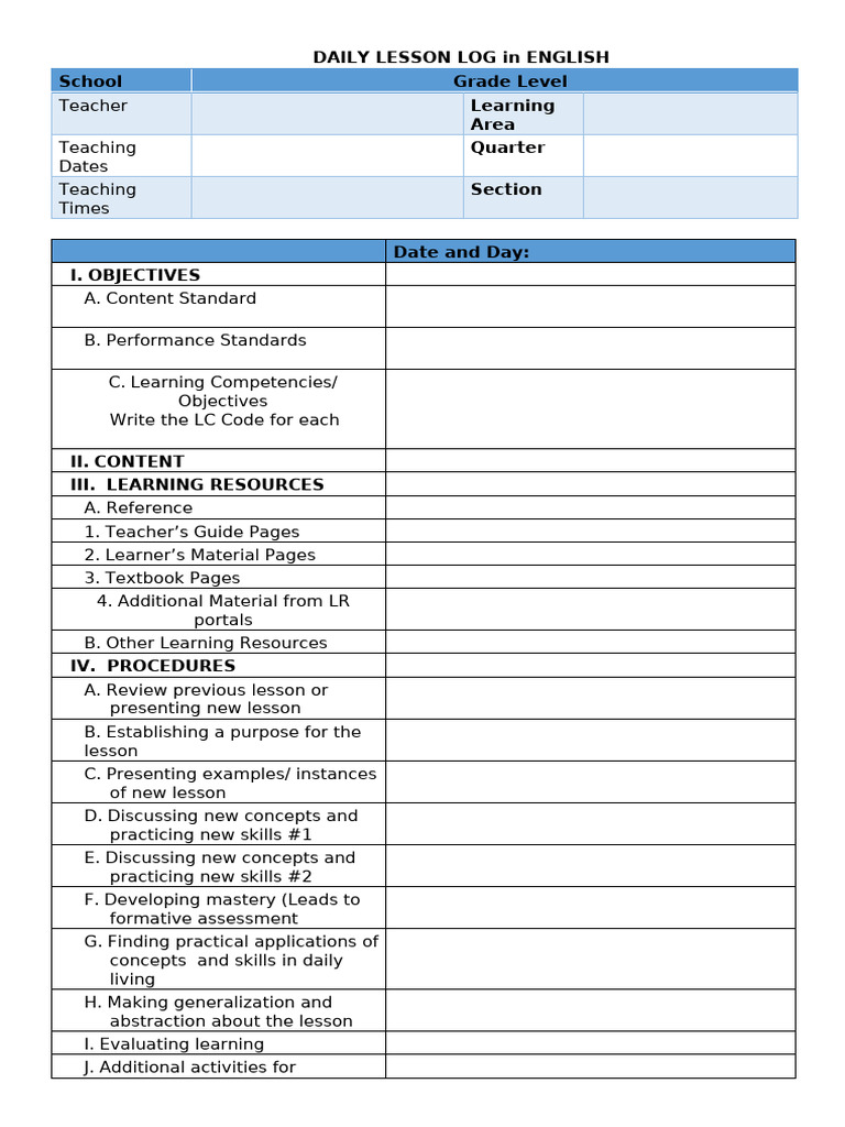 Grade 2 Daily Lesson Log Template | PDF