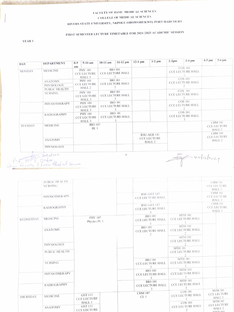 First Semester Lecture Timetable For 2024-2025 Academic Session | PDF