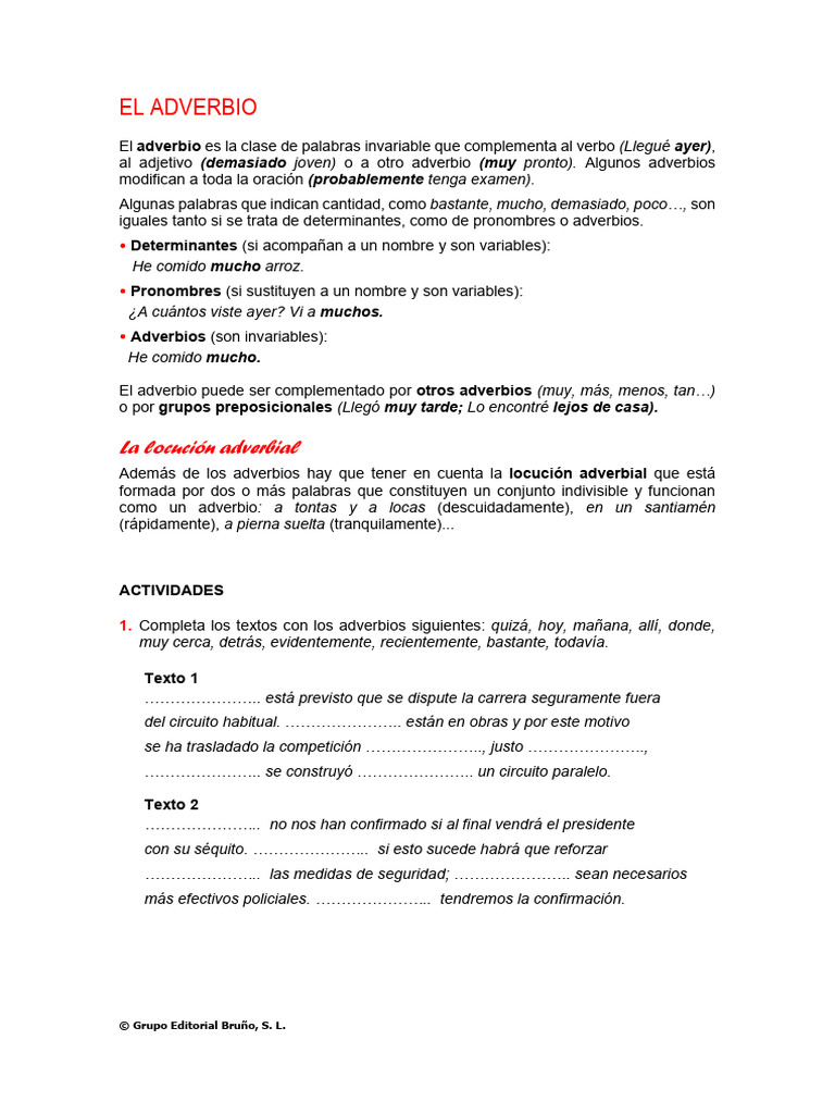 El Adverbio | PDF | Adverbio | Mecánica del lenguaje