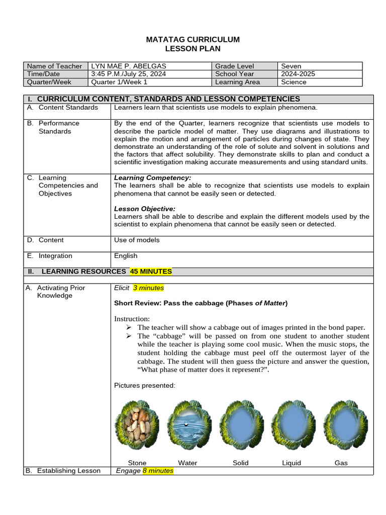 G 7 Matatag Curriculum LP Format | PDF | Conceptual Model | Mathematical Model