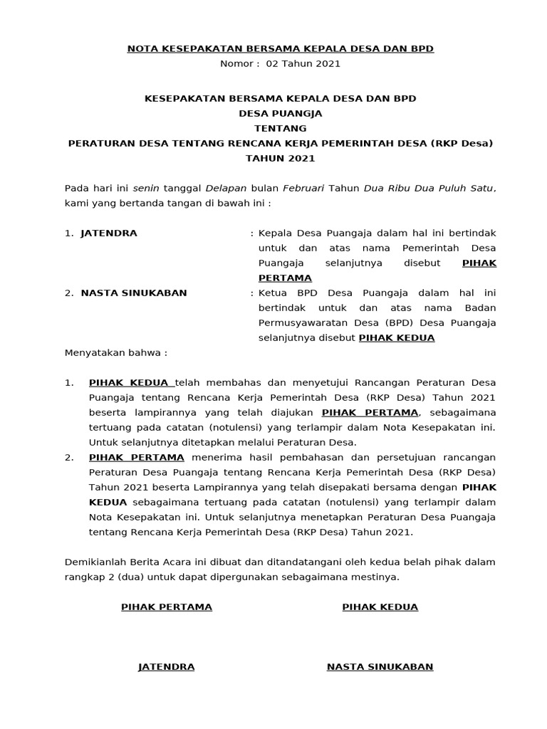 Nota Kesepakatan Bersama Kepala Desa Dan BPD TTG Perdes RKP Desa 2020 | PDF