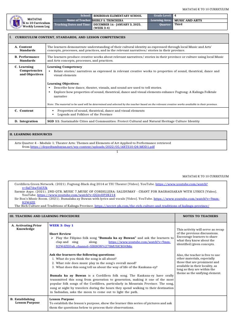 DLL Matatag - Music & Arts 4 Q3 W3-4 | PDF | The Arts | Dances