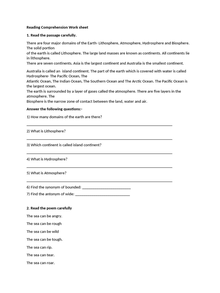 Std-IV-Readig Comprehension-Revision Work Sheet | PDF