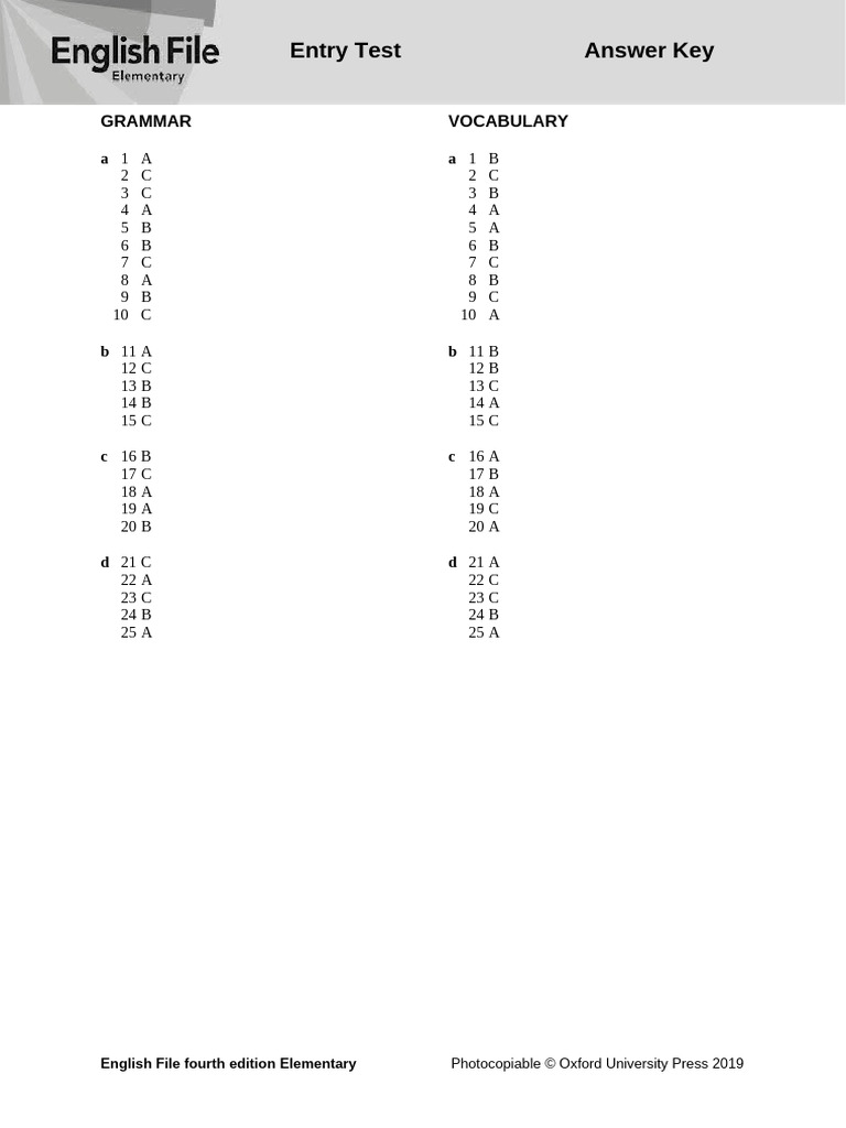 EF4e Elem Entry Answer Key | PDF
