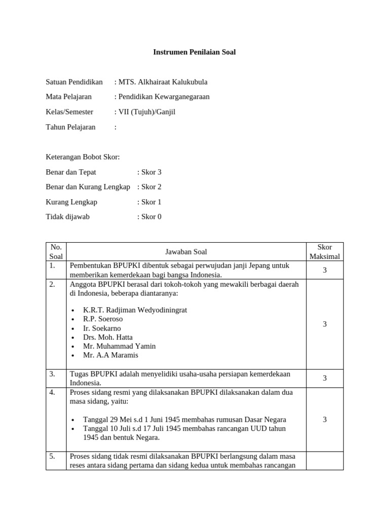 Instrumen Penilaian Soal PKN Kelas 7 Ganjil - Selesai | PDF