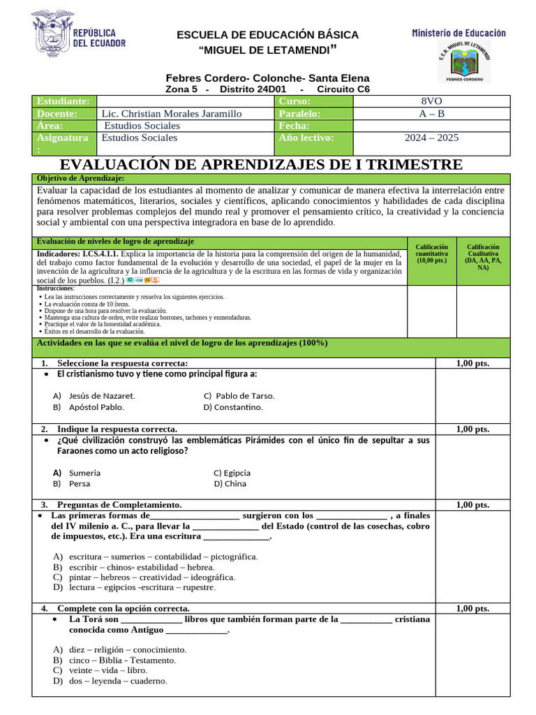 Eval Primer Trimeste Eess 8vo | PDF | Evaluación