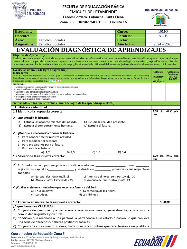Eval Diagnóstica Sociales 10mo 2024-25 | PDF | Bienes | Evaluación