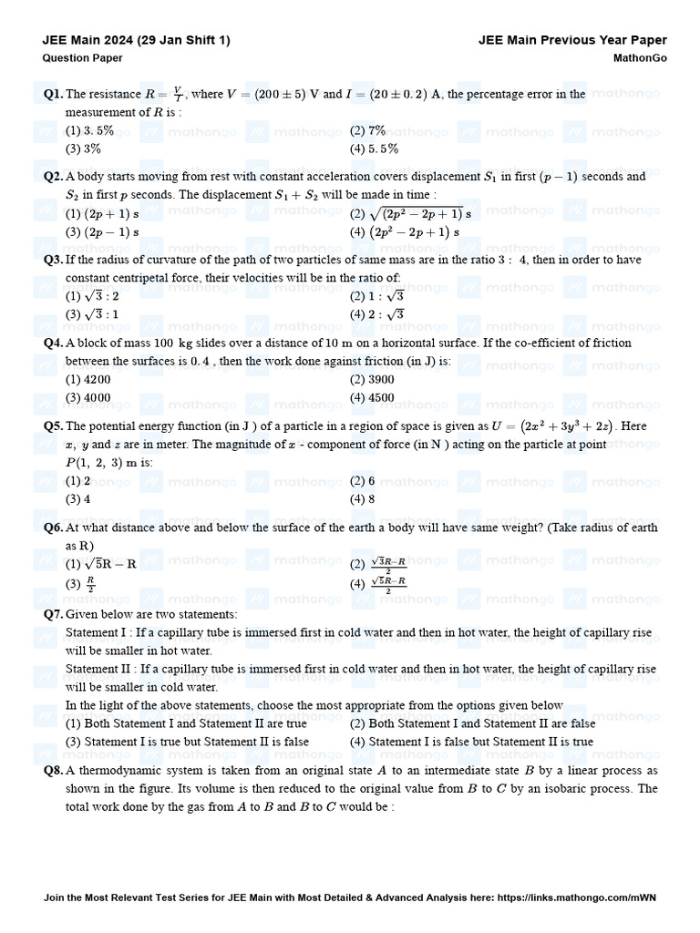 JEE Main 2024 (29 Jan Shift 1) Previous Year Paper With Answer Keys - MathonGo | PDF | Physical ...