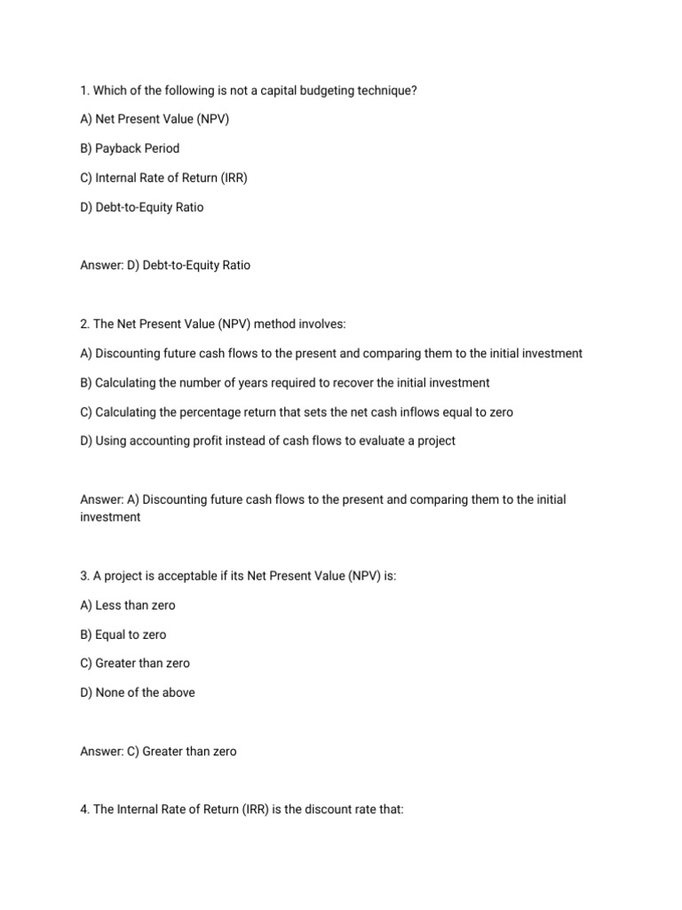 Capital Budgeting Multiple Choice Questions and Answers | PDF | Capital ...