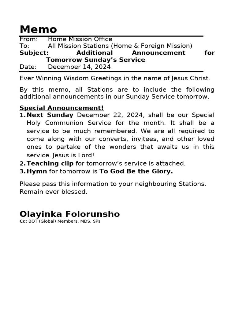 Memo Announcement For Tomorrow's Sunday Service 14122024 | PDF