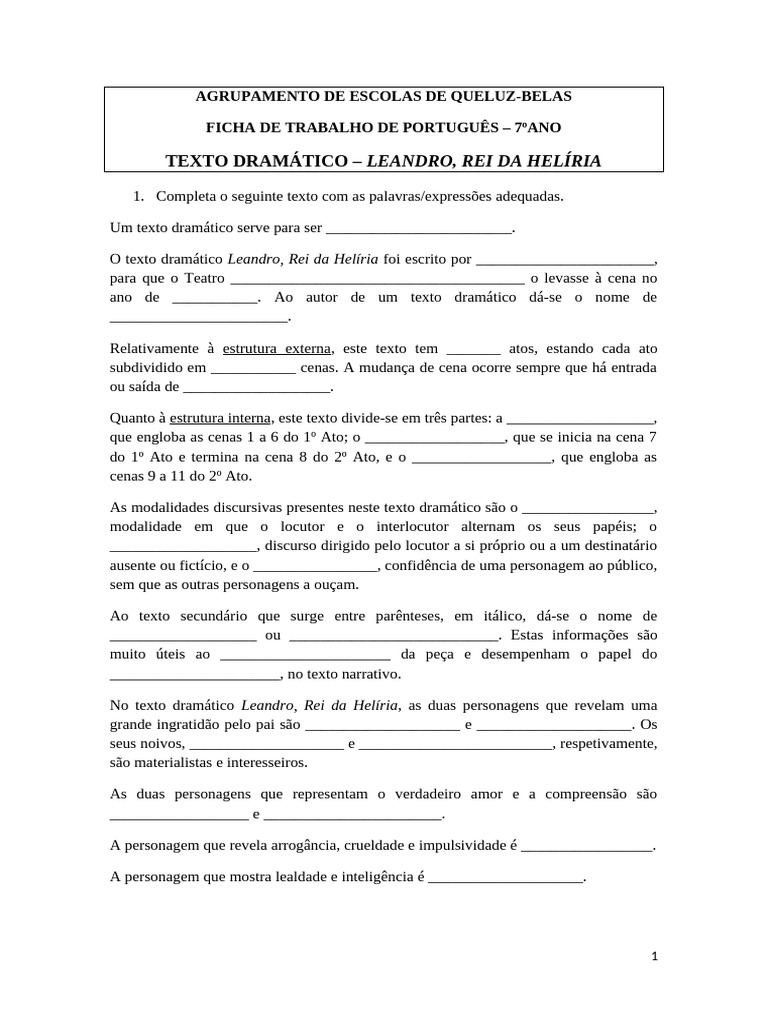 Ficha de Trabalho: Texto Dramático 7º Ano | PDF | Ator