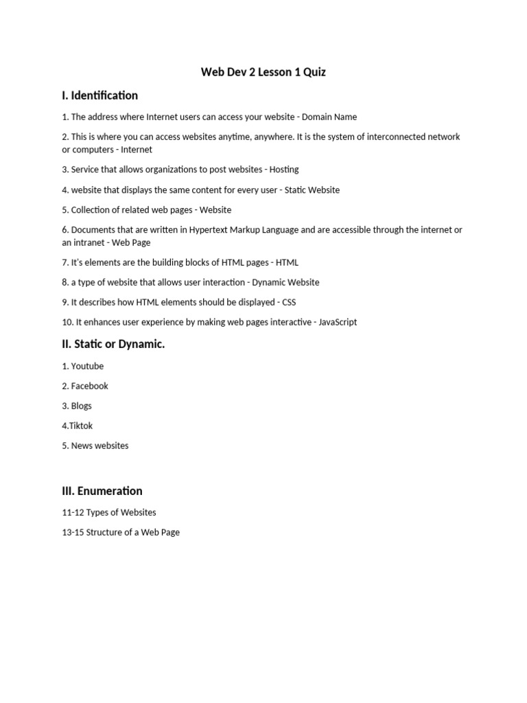 Web Dev 2 Lesson 1 Quiz With Answers | PDF