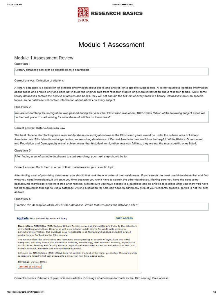 Module 1 Assessment ANSWERS | PDF | Databases | Citation
