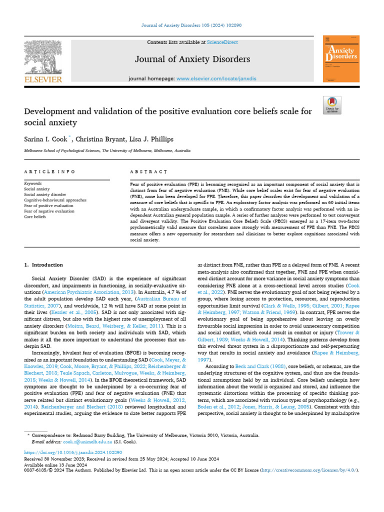 Development and Validation of The Positive Evaluation Core Beliefs ...