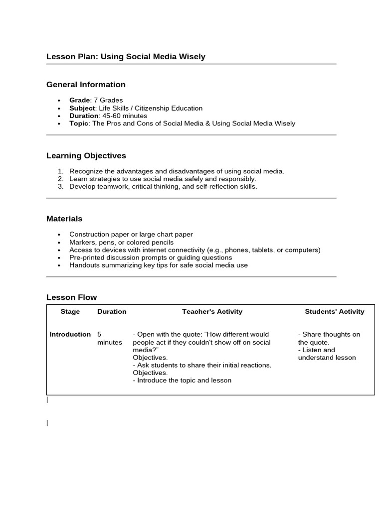 Lesson Plan | PDF | Social Media | Popular Culture & Media Studies