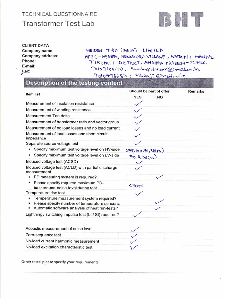BHT Technical Questionnaire | PDF