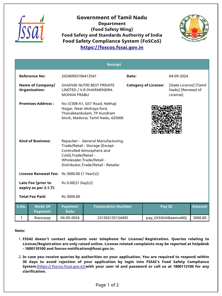 Fssai Repacker 4.09.2024 Recepit | PDF