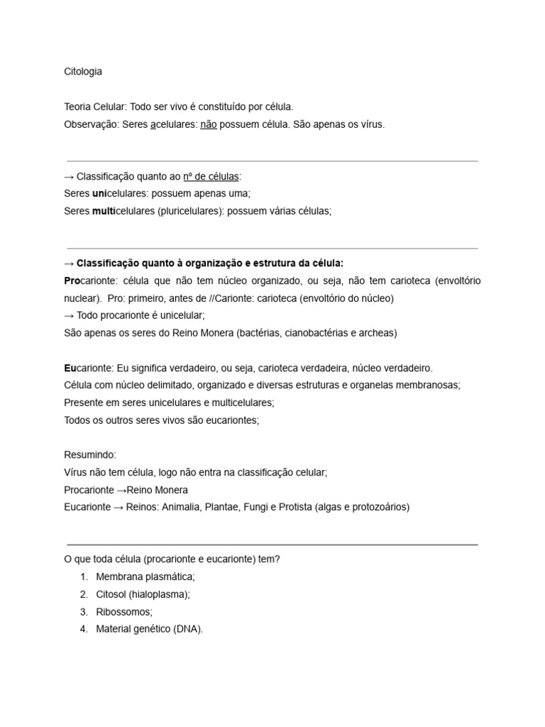 Resumo Citologia | PDF | Célula (Biologia) | Organelo