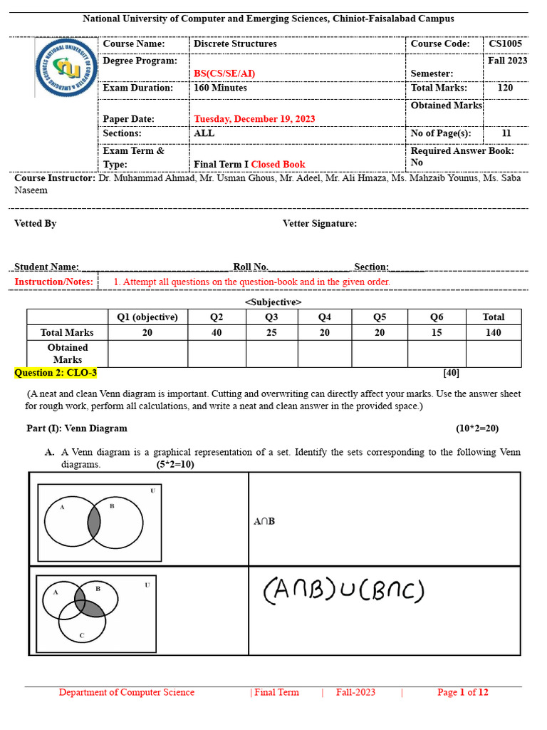 FALL'23 Final Solution Discrete | PDF | Vertex (Graph Theory) | Combinatorics