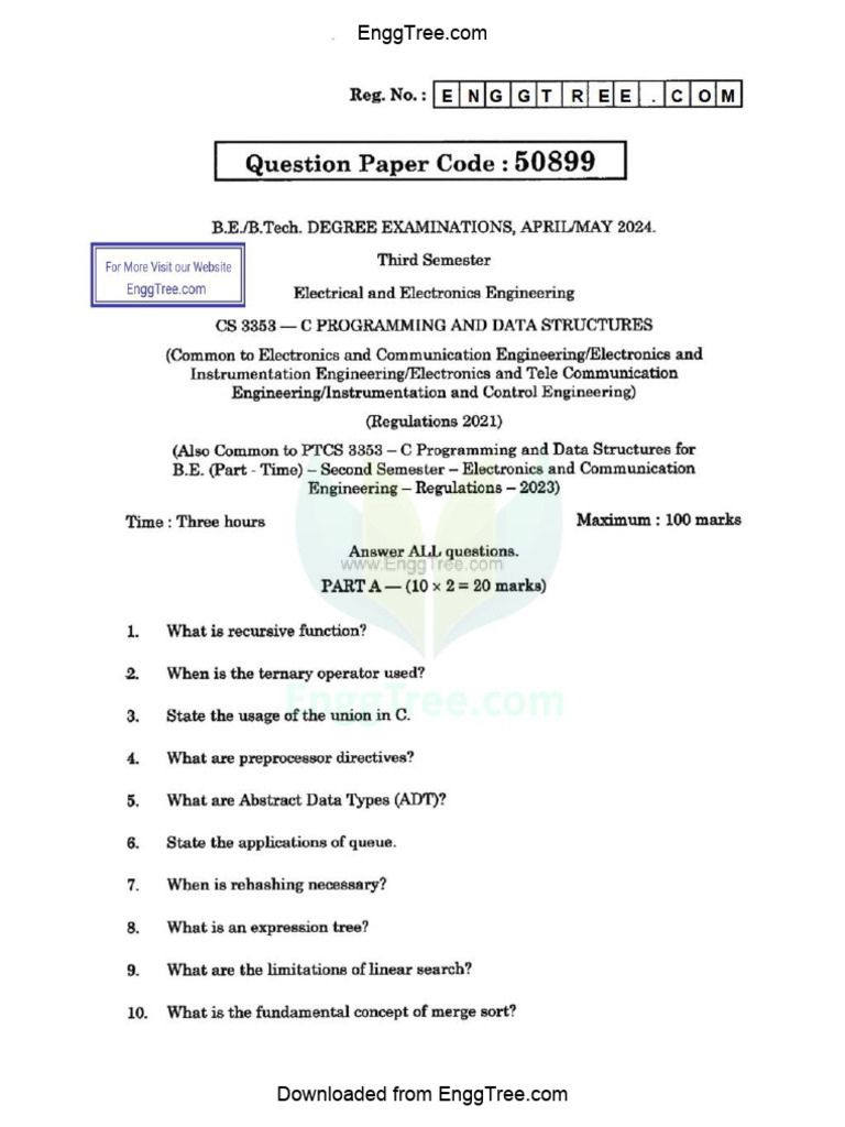 CS3353 C Programming and Data Structures Apr May 2024 Question Paper Download | PDF