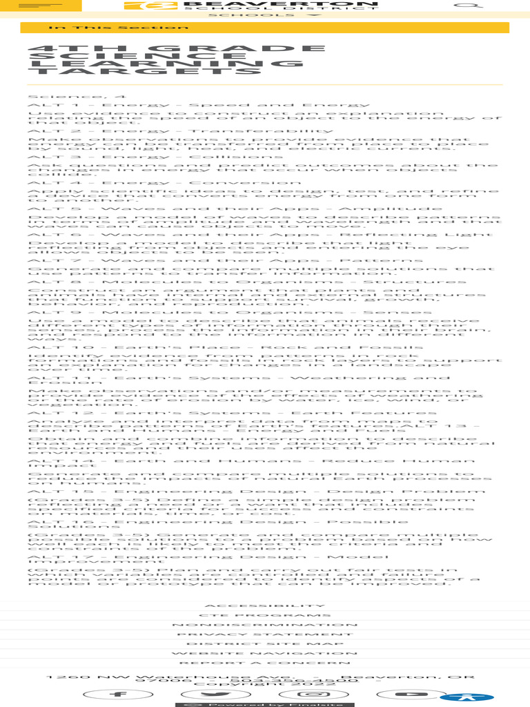 4th Grade Science Learning Targets - Beaverton School District 2 | PDF | Waves | Light