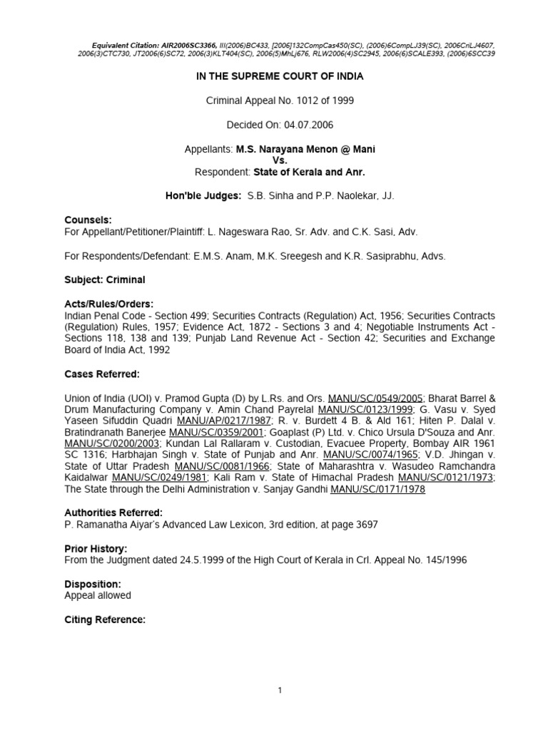 Narayana Menon - Mani-Vs - ST of Kerala AIR2006SC3366 | PDF | Burden Of ...