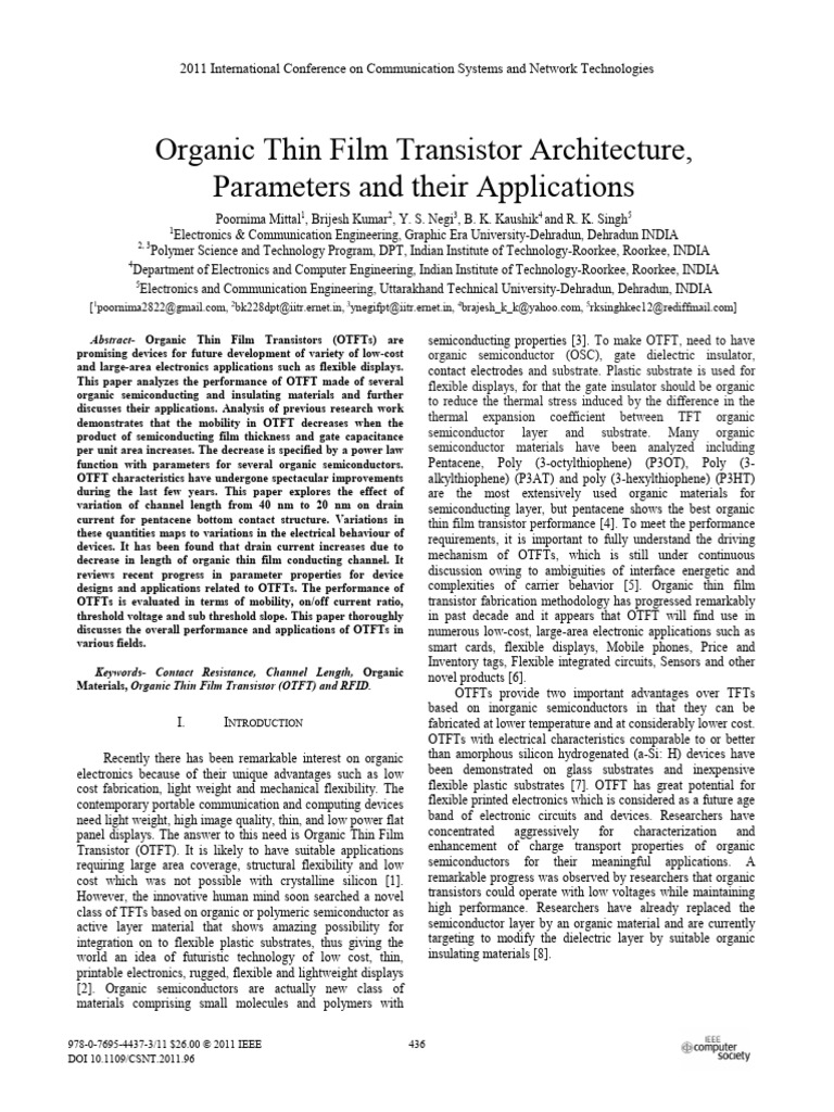 Organic Thin Film Transistor Architecture Parameters and Their ...
